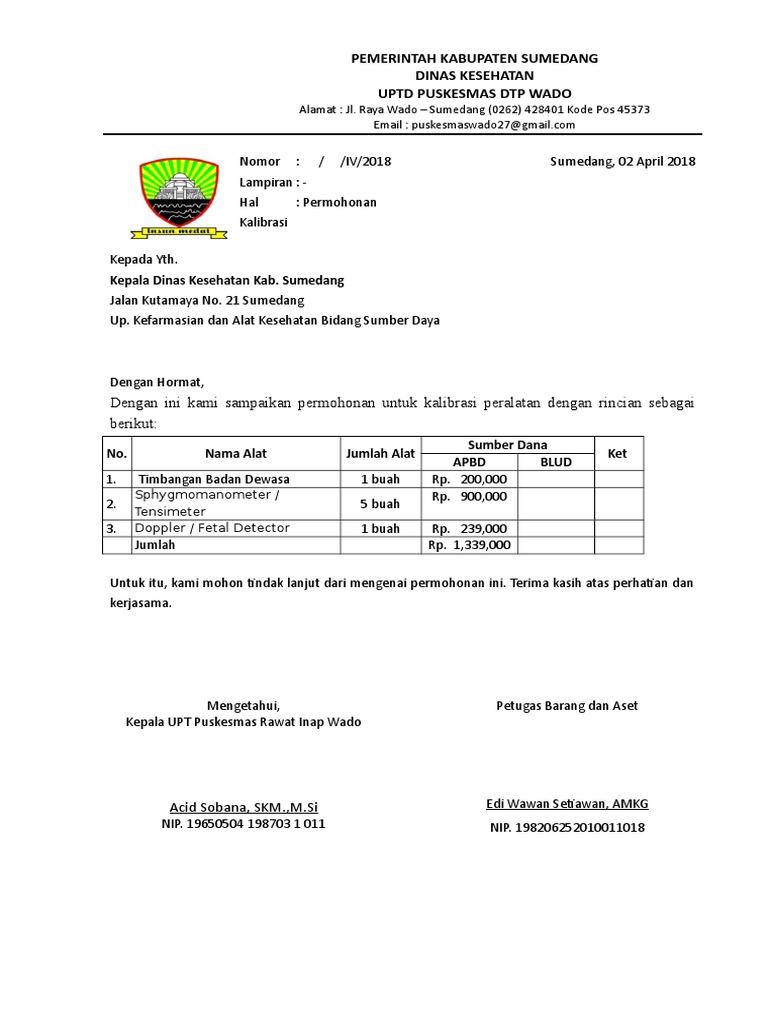Surat Permohonan Kalibrasi Alat Kesehatan | PDF | Pengembangan Diri ...