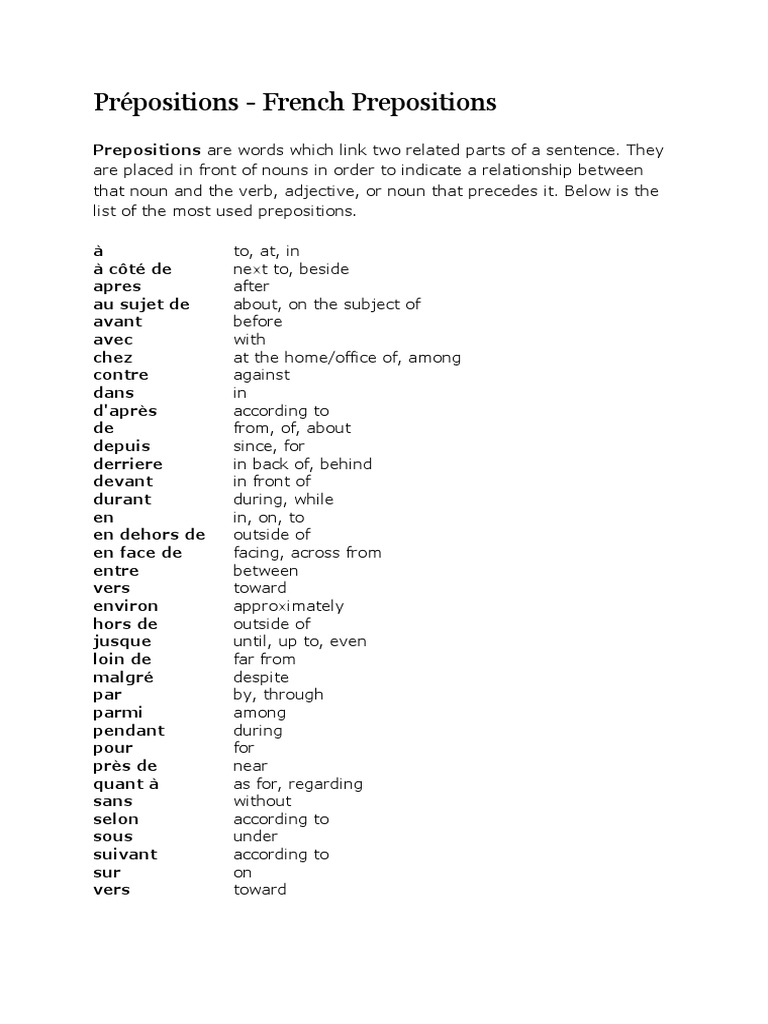 Prépositions - French Prepositions | PDF