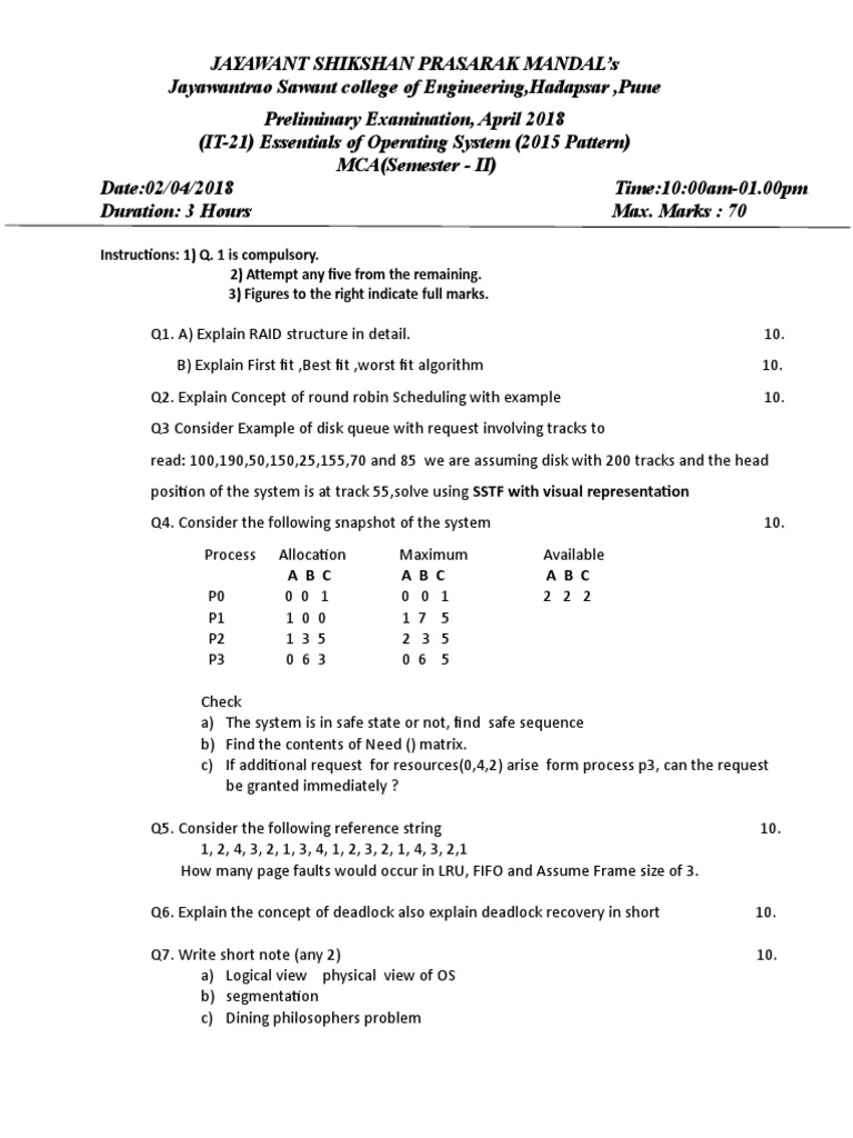 MCA Operating System Exam Paper 2018 | PDF | Applied Mathematics | Computer Programming