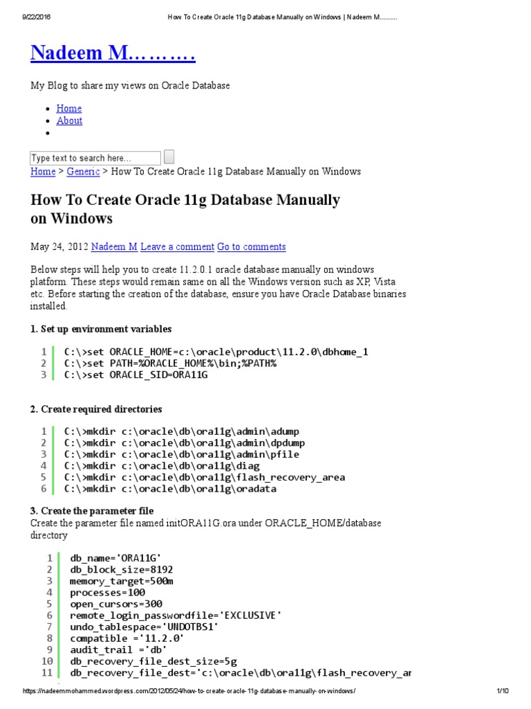 Nadeem M .: How To Create Oracle 11g Database Manually On Windows | PDF | Oracle Database ...