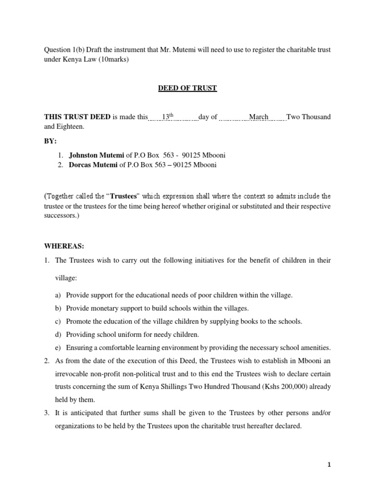 Draft Deed of Trust Question 1b Equity CAT 1 | PDF | Trust Law ...