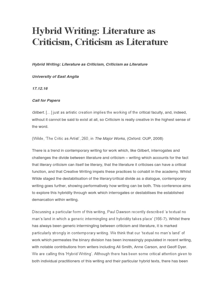 Hybrid Writing: Literature As Criticism, Criticism As Literature | PDF ...