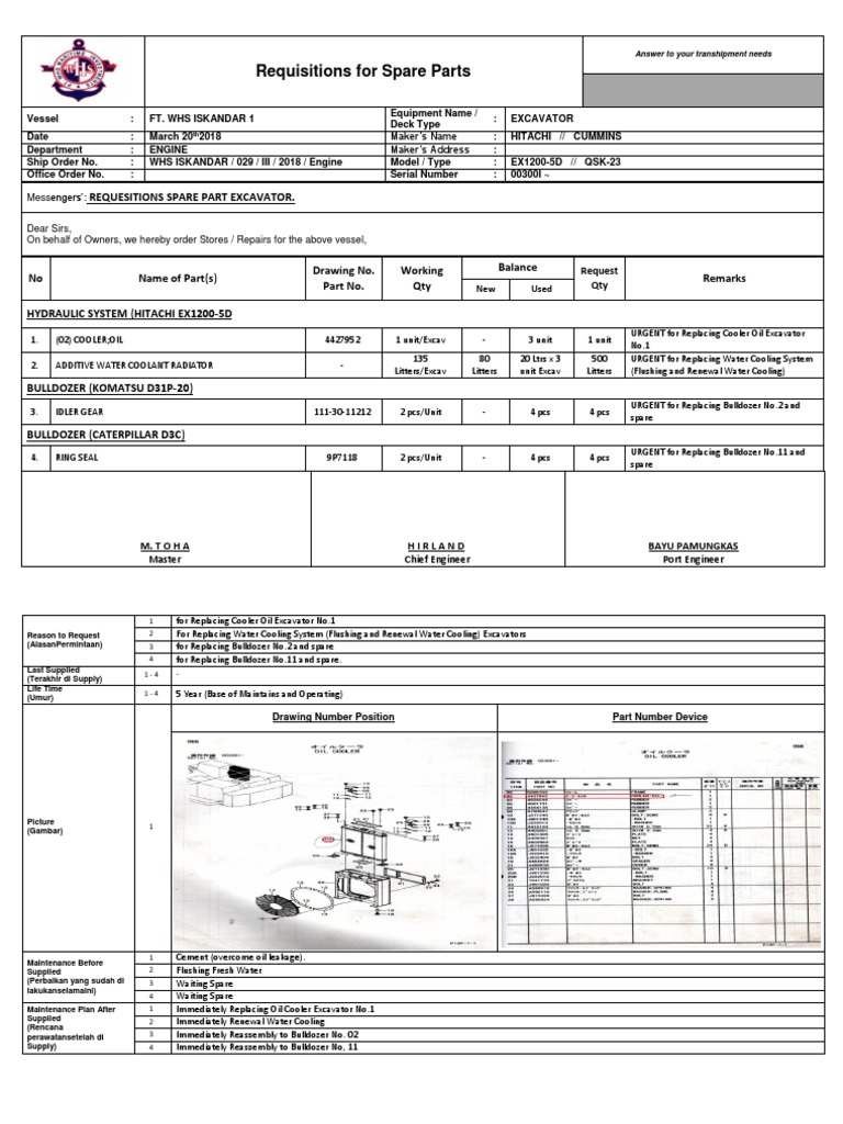 Requisitions For Spare Parts: Requesitions Spare Part Excavator | PDF ...