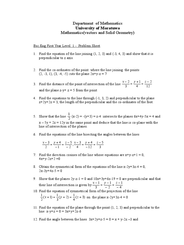 Level 1 Problem Sheet - Vectors and Solid Geometry | PDF | Line ...