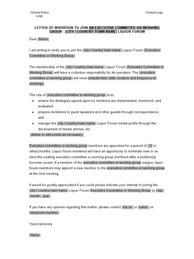 Letter of Invitation To Join An Executive Committee or Working Group | PDF