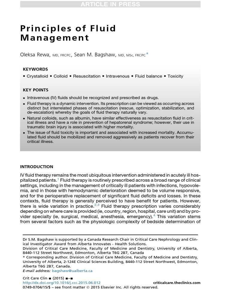 Principles of Fluid Management 2015 | PDF | Sepsis | Saline (Medicine)