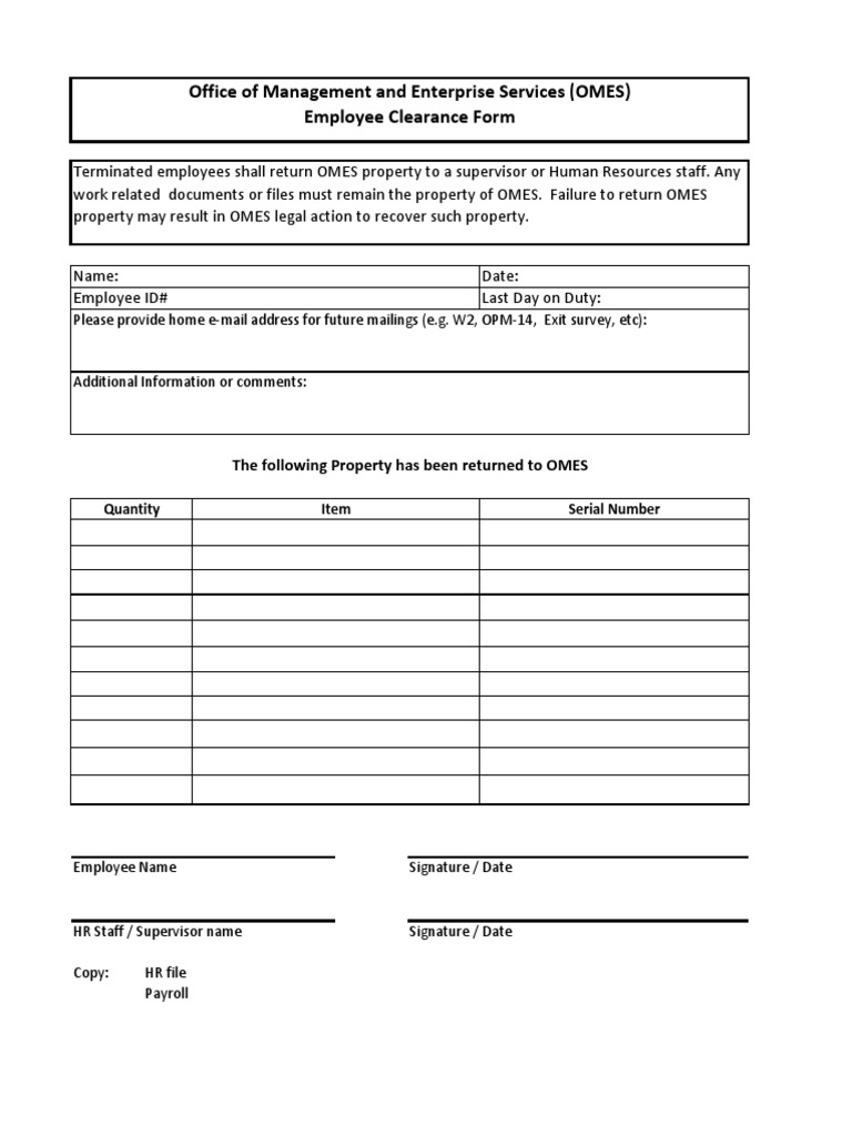 Office of Management and Enterprise Services (OMES) Employee Clearance ...