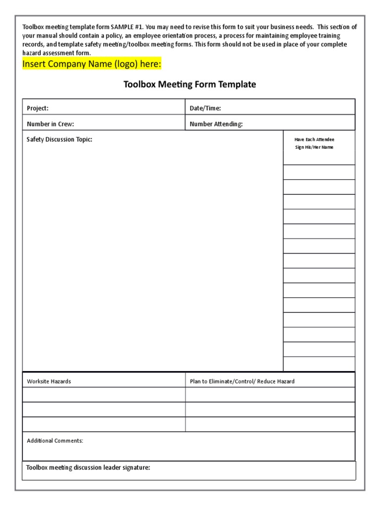 Insert Company Name (Logo) Here:: Toolbox Meeting Form Template | PDF