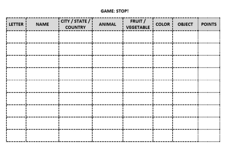 Game: Stop! Letter Name City / State / Country Animal Fruit / Vegetable ...