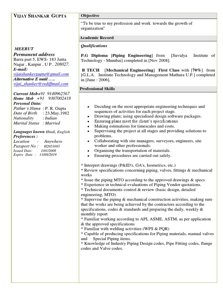 Resume For Piping Engineer | PDF | Pipe (Fluid Conveyance ...