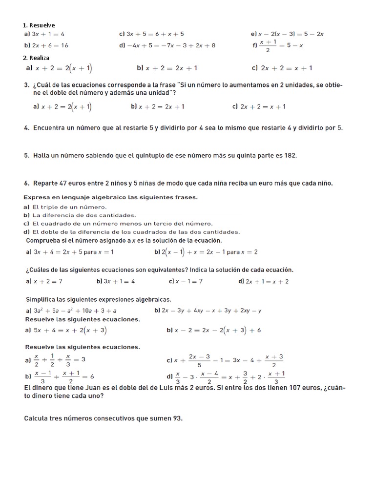 Ficha Repaso Ecuaciones 1º Eso | PDF