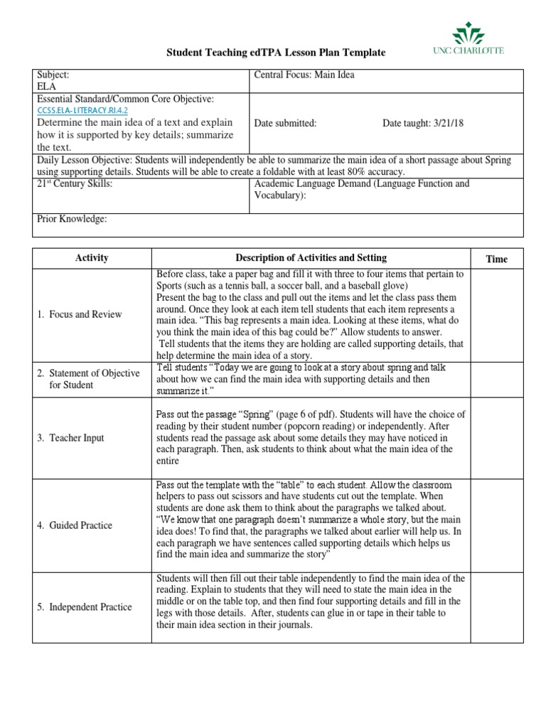 Student Teaching Edtpa Lesson Plan Template | Download Free PDF ...