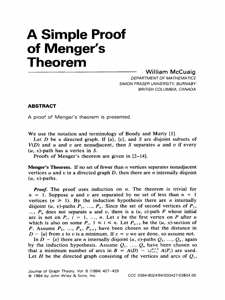 E3. A Simple Proof of Menger's Theorem | PDF | Vertex (Graph Theory ...