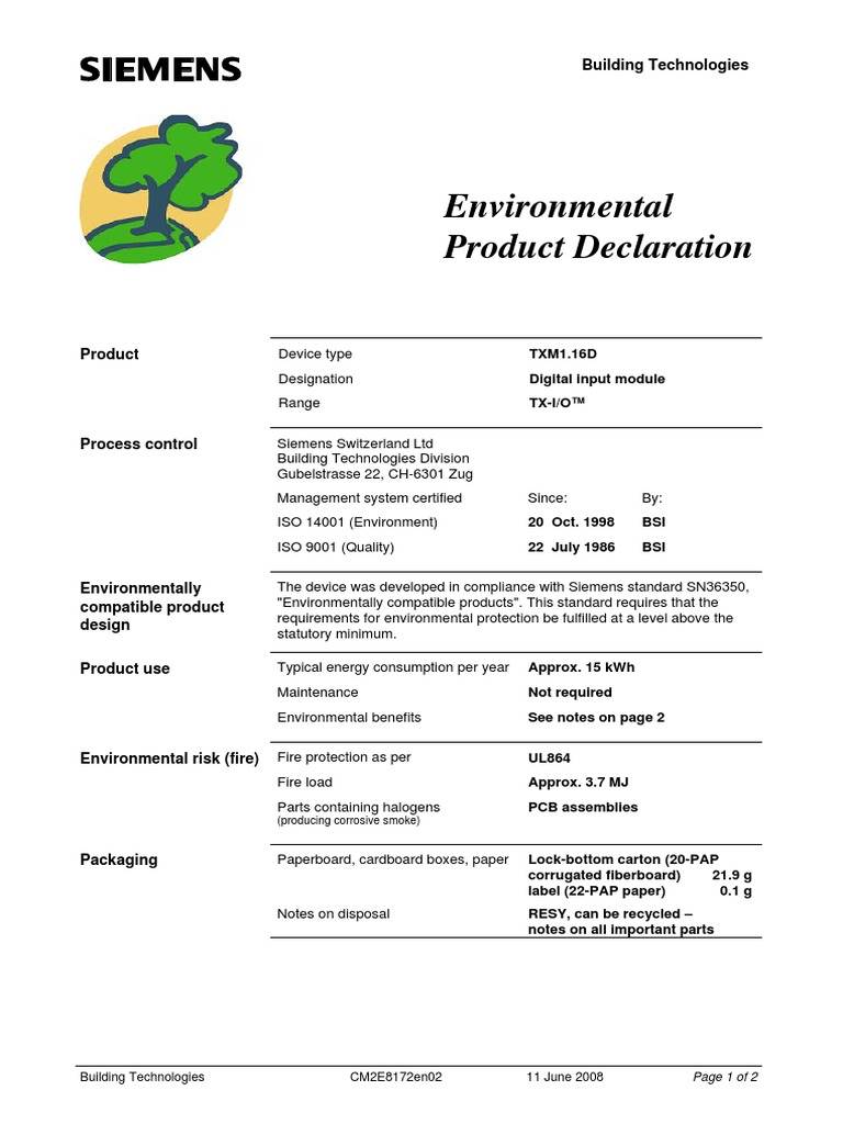 Environmental Product Declaration: Building Technologies | PDF ...