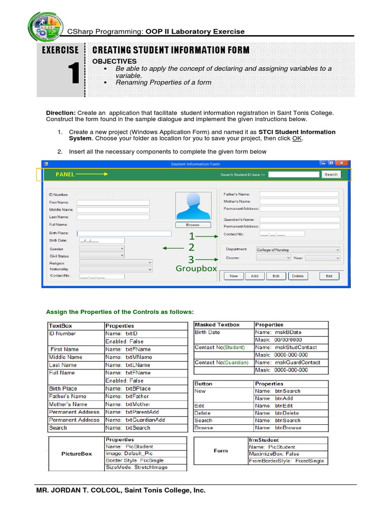 Creating Student Information Form Exercise: Csharp Programming: Oop Ii Laboratory Exercise | PDF