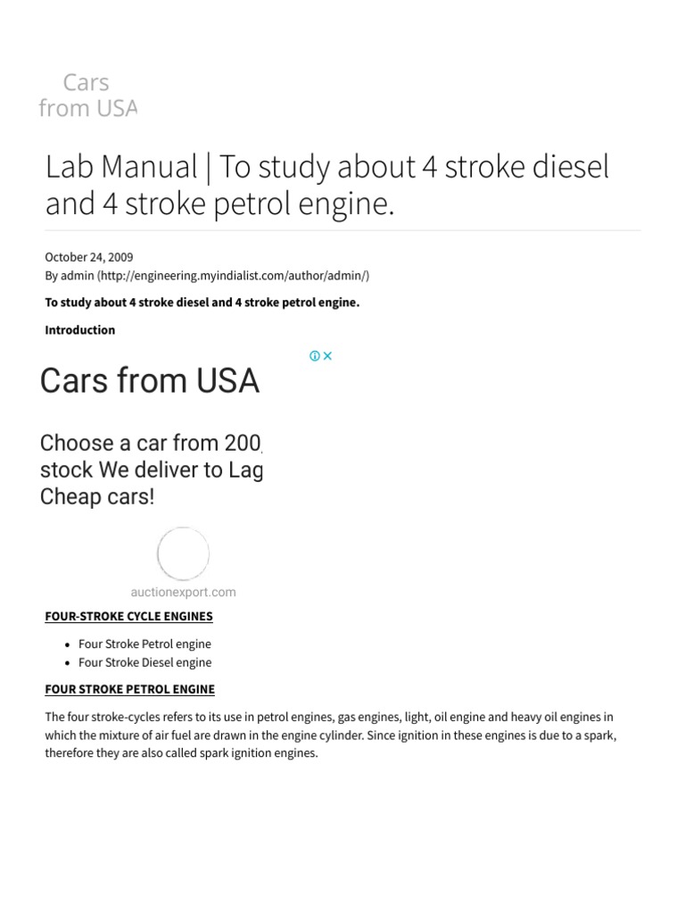 Lab Manual - To Study About 4 Stroke Diesel and 4 Stroke Petrol Engine ...