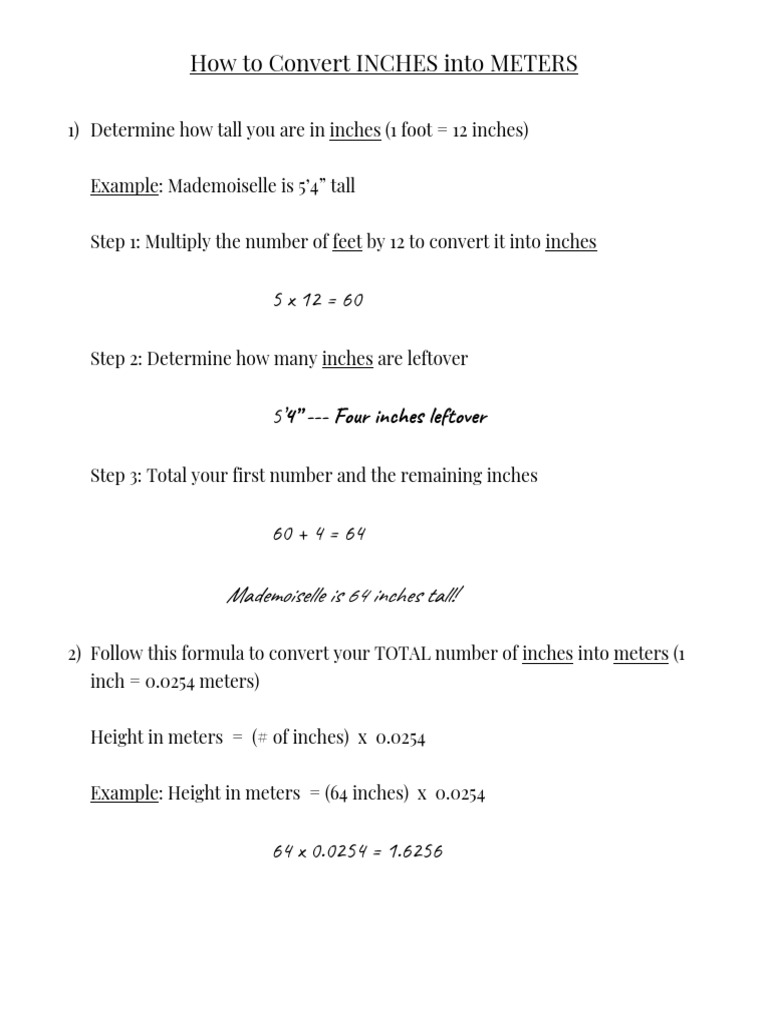 How To Convert INCHES Into METERS: Mademoiselle Is 64 Inches Tall! | PDF