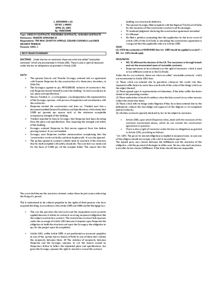 Contract Breach: Deiparine v CA | PDF | Rescission | Breach Of Contract