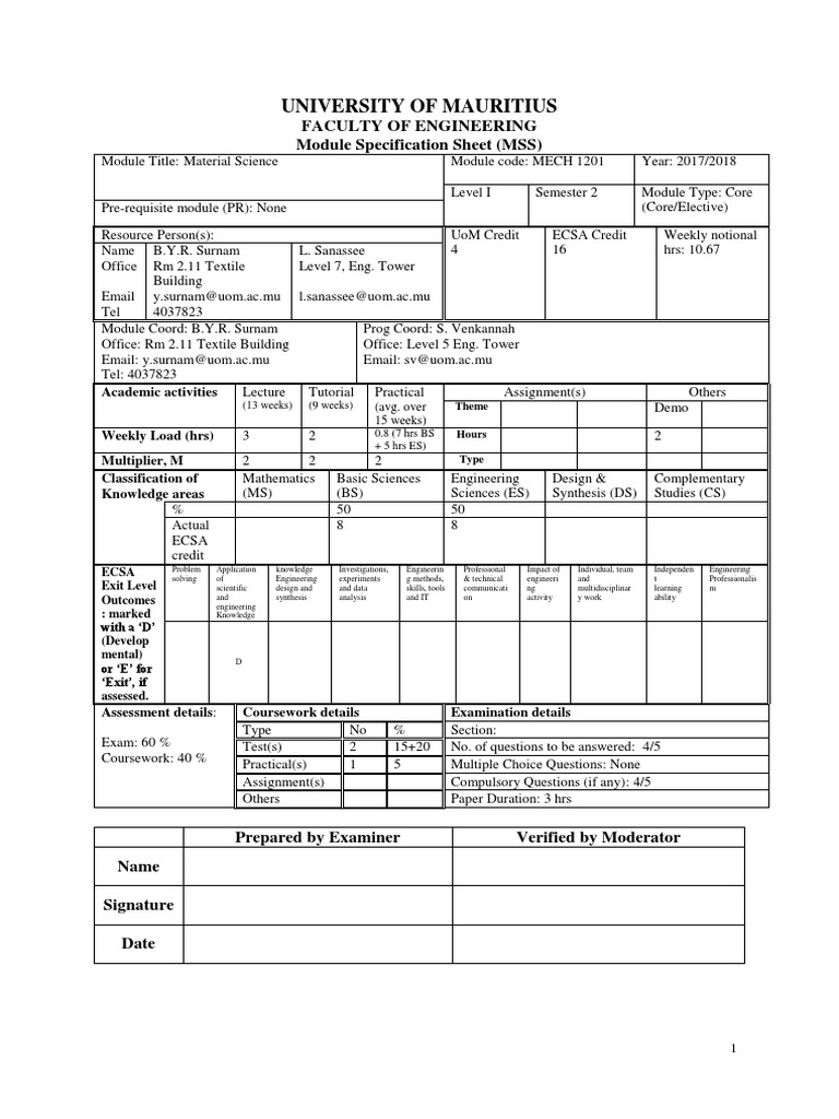 University of Mauritius: Faculty of Engineering Module Specification ...