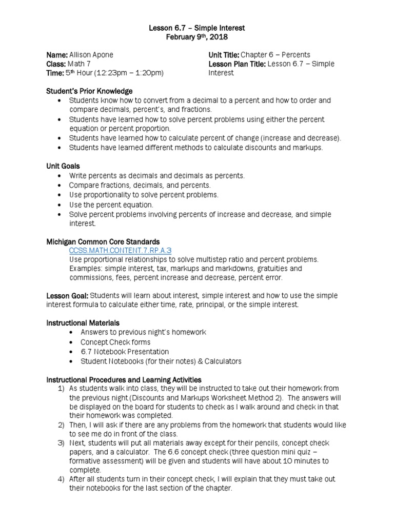 Simple Interest Lesson Plan for Grade 7 | PDF | Percentage | Interest
