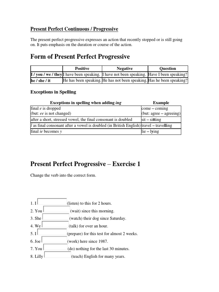 Form of Present Perfect Progressive | PDF