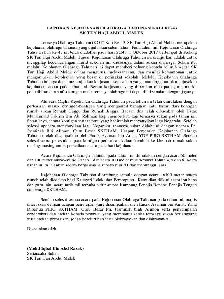 Laporan Kejohanan Olahraga Tahunan Kali Ke | PDF