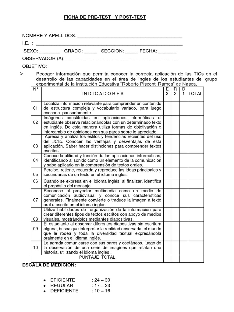 INSTRUMENTOS Pre Test Pos Test | PDF | Tecnología de información y ...