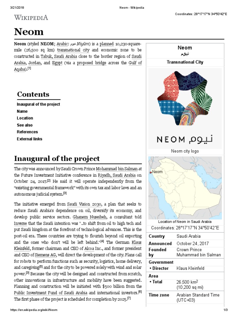 Neom Saudi City (Tabuk) - Wikipedia | PDF | Economies | Business