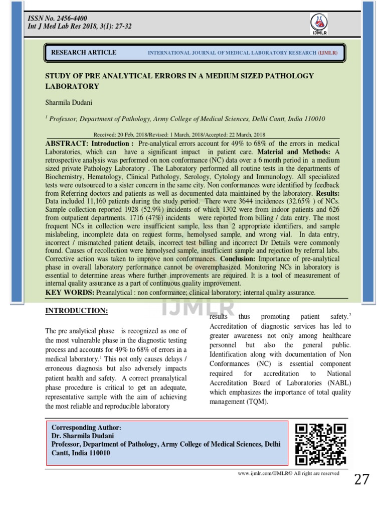 Study of Pre Analytical Errors in A Medium Sized Pathology Laboratory ...