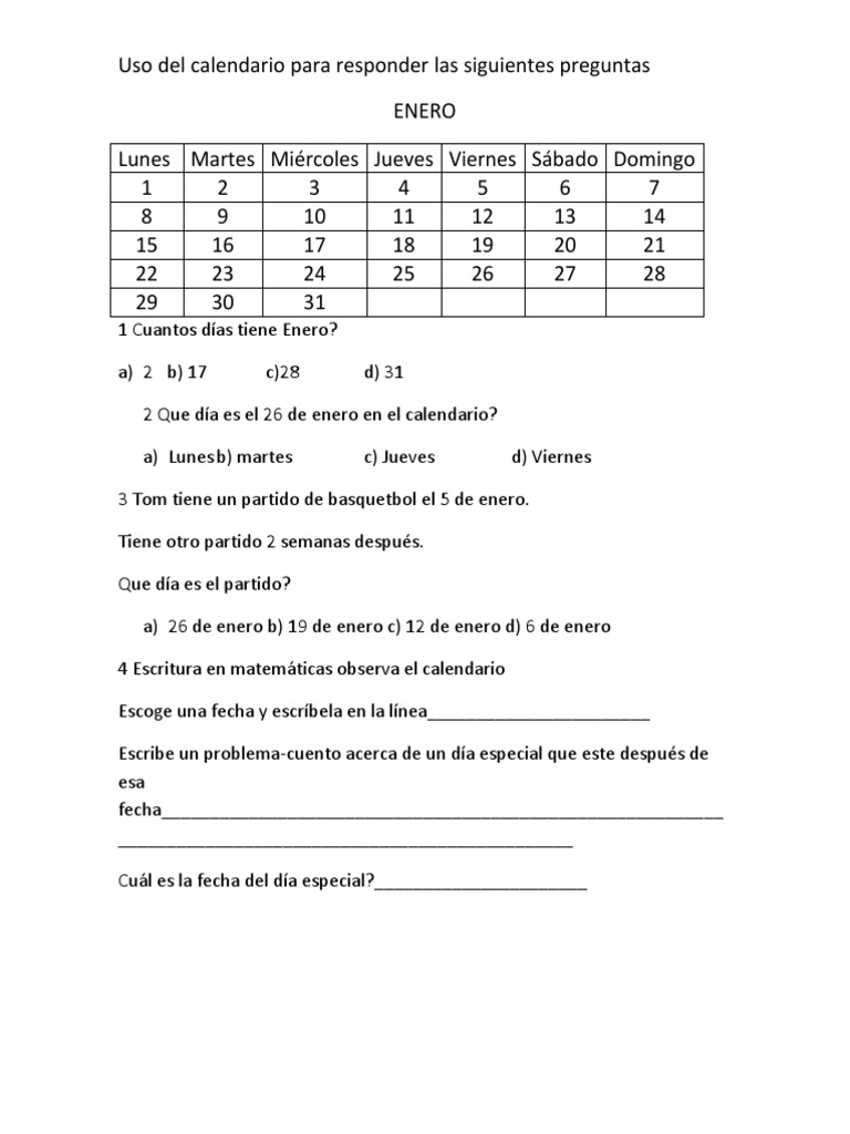Uso Del Calendario para Responder Las Siguientes Preguntas | PDF