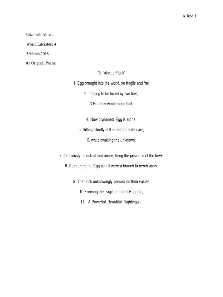 Elizabeth Allred World Literature 4 5 March 2018 #1 Original Poem | PDF ...