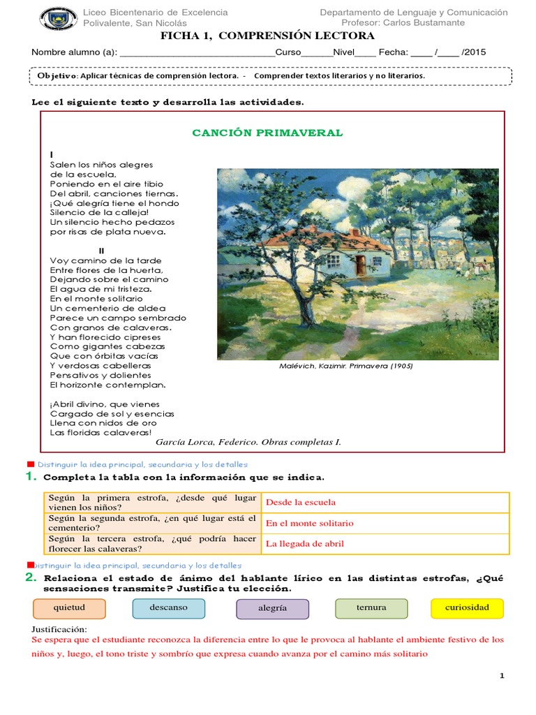 Ficha 1, Canción Primaveral, Poema. Pauta | PDF | Lingüística | Idiomas