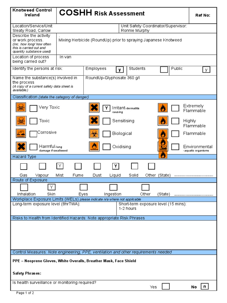 COSHH Risk Assessment for RoundUp Use | PDF | Personal Protective ...