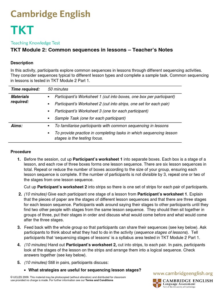 TKT Module 2 Common Sequences in Lessons | PDF | Vocabulary | Teachers