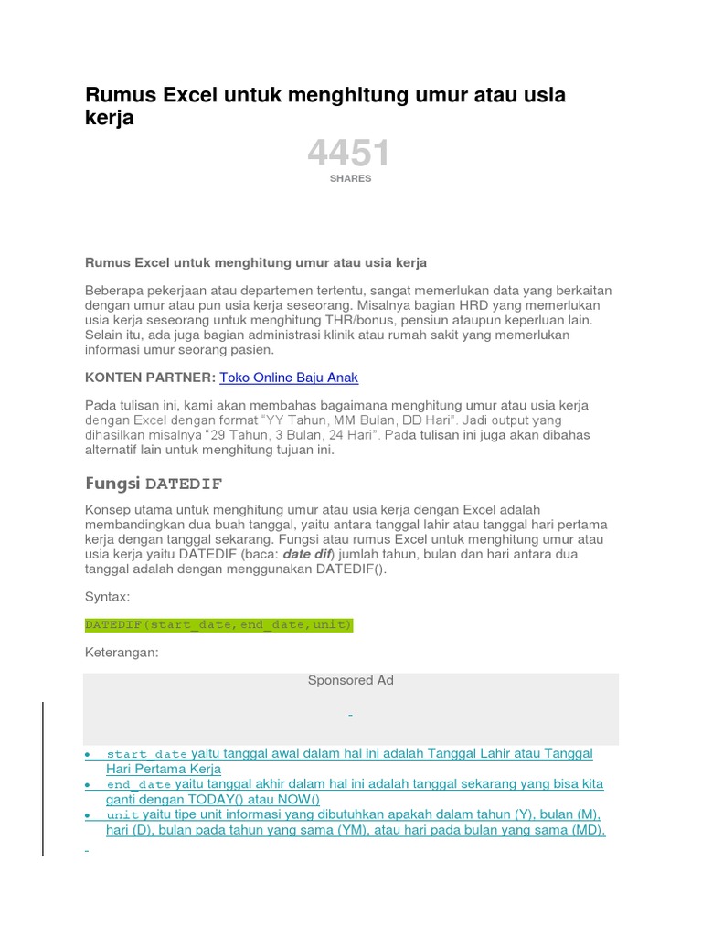 Rumus Excel Untuk Menghitung Umur Atau Usia Kerja | PDF