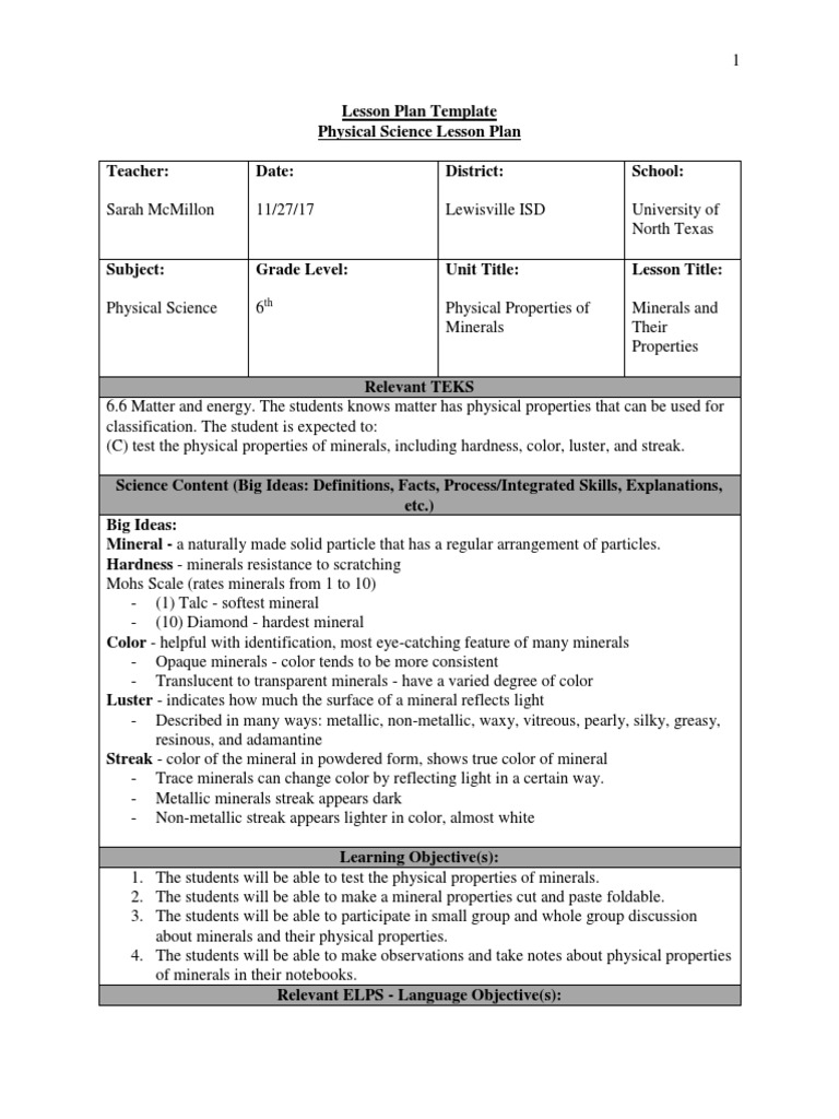 Physical Science Lesson Plan: Minerals | PDF | Educational Assessment ...