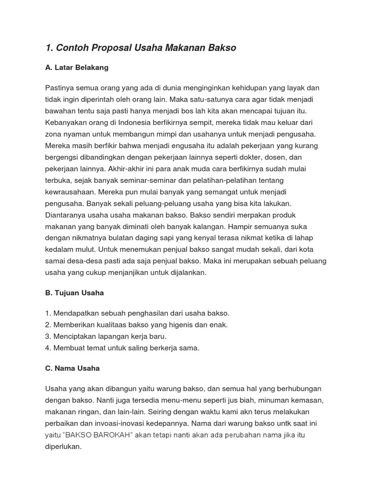 Contoh Proposal Usaha Makanan Bakso: A. Latar Belakang | PDF