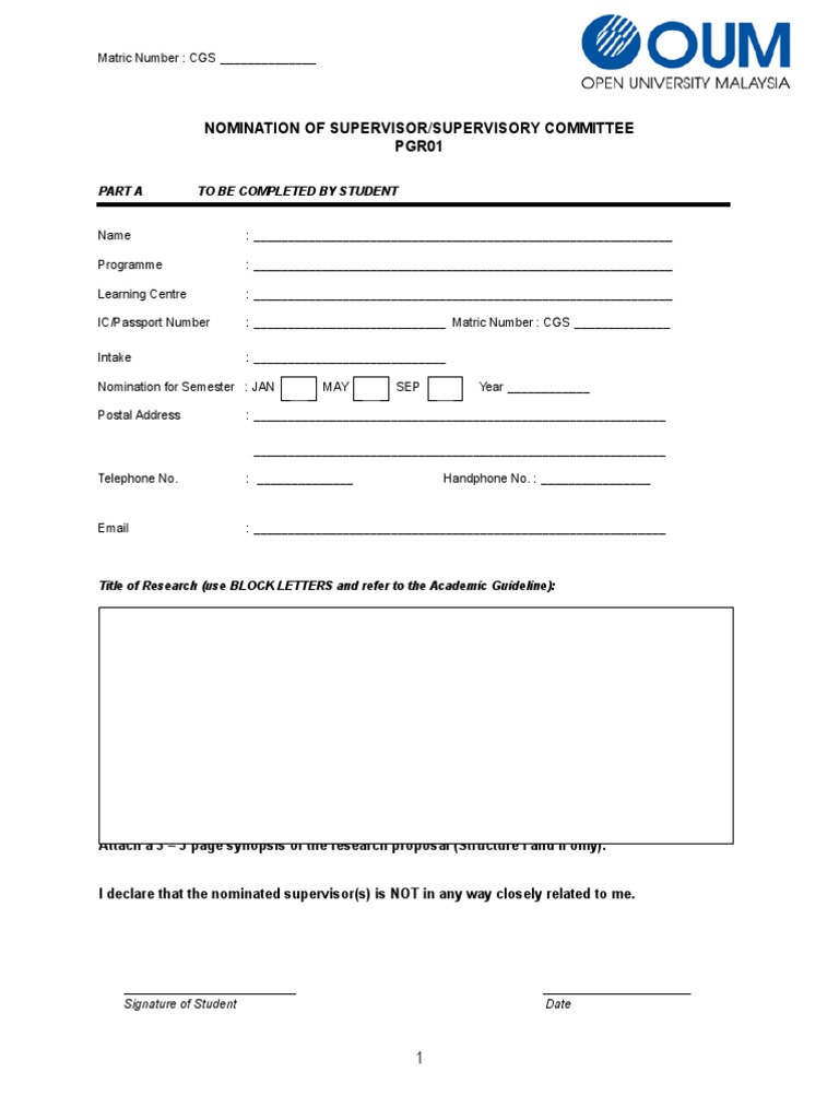 Nomination of Supervisor Form | PDF | Business