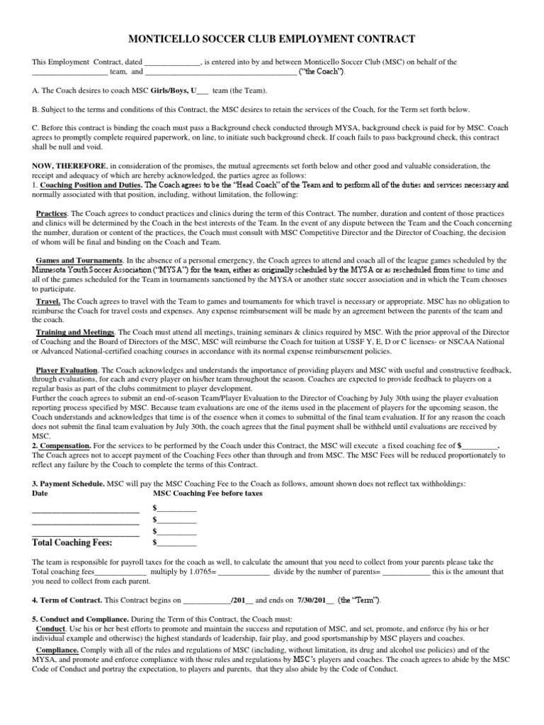 Monticello Soccer Club Coaching Contract Template | PDF | Board Of Directors | Regulatory Compliance