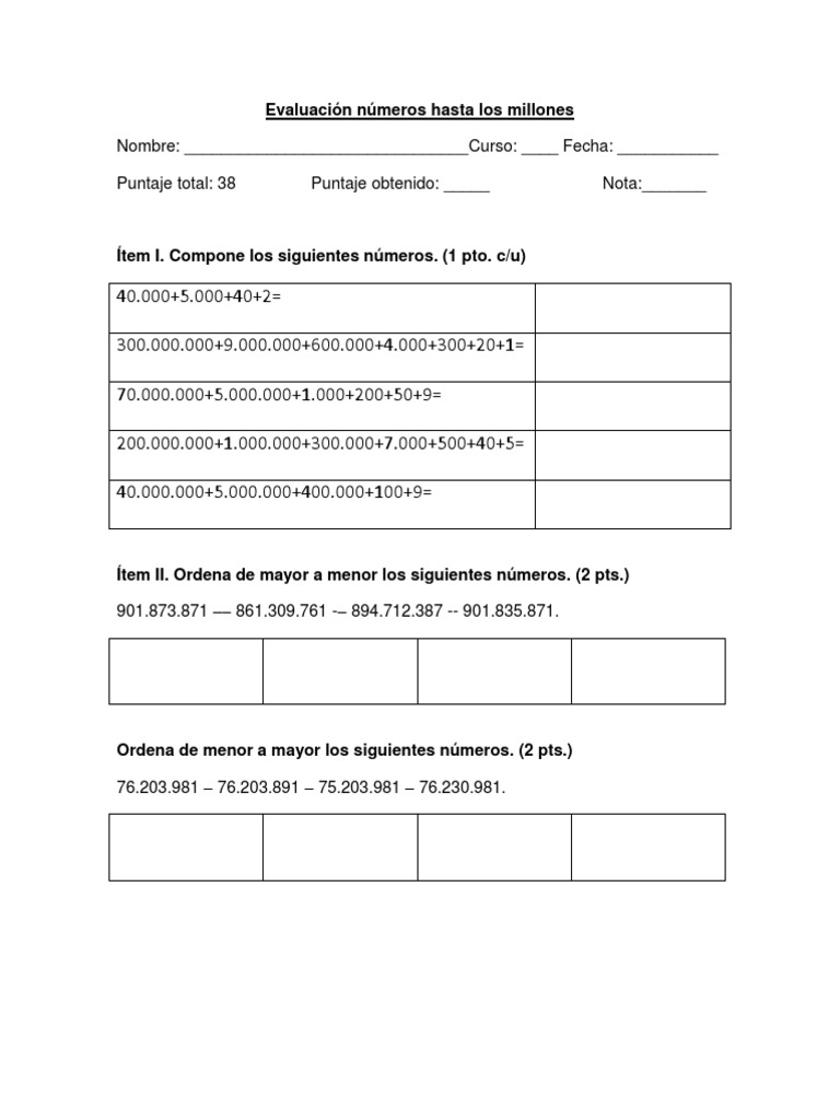 Evaluación Números Hasta Los Millones | PDF | Comunicación escrita ...