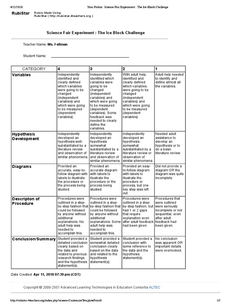 Your Rubric Science Fair Experiment The Ice Block Challenge | PDF ...