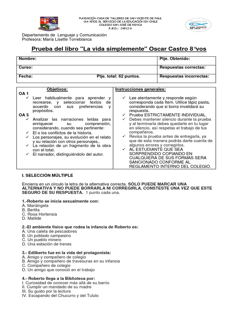 Prueba La Vida Simplemente 8vos Imprimir | PDF | Cognición