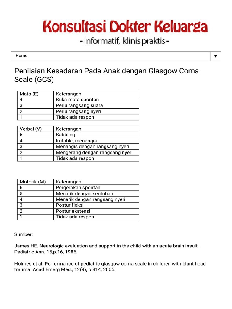 Konsultasi Dokter Keluarga: Penilaian Kesadaran Pada Anak Dengan Glasgow Coma Scale (GCS) | PDF