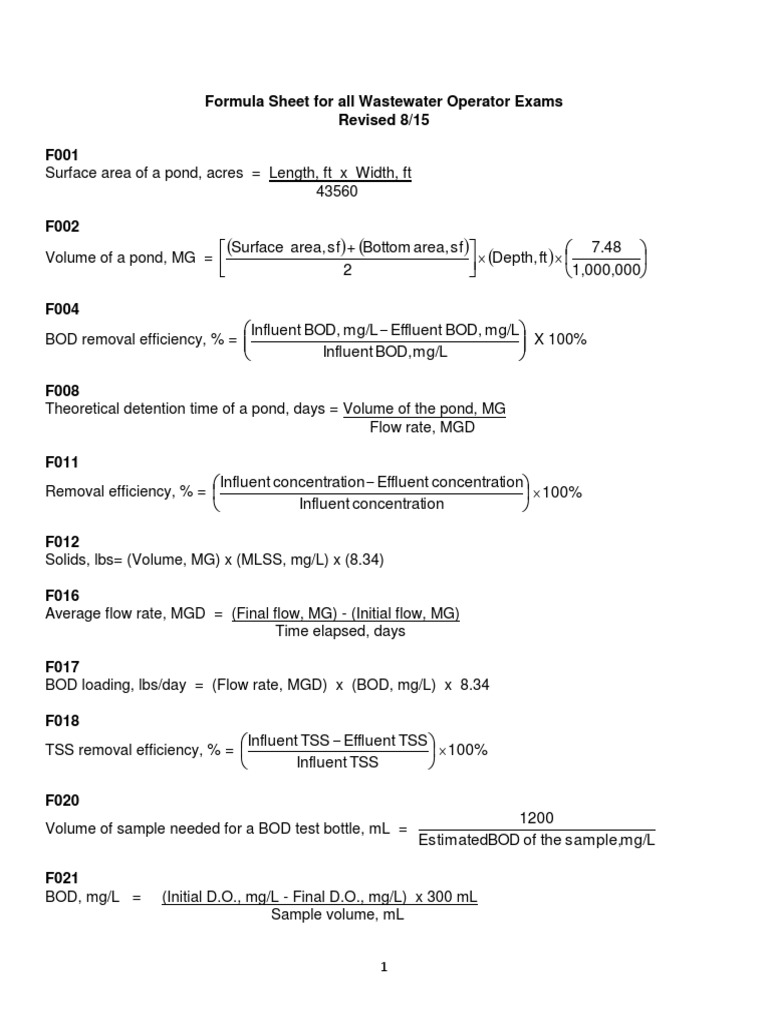 Wastewater Cert Study Guide Formula Sheet | PDF | Phosphorus | Sewage ...