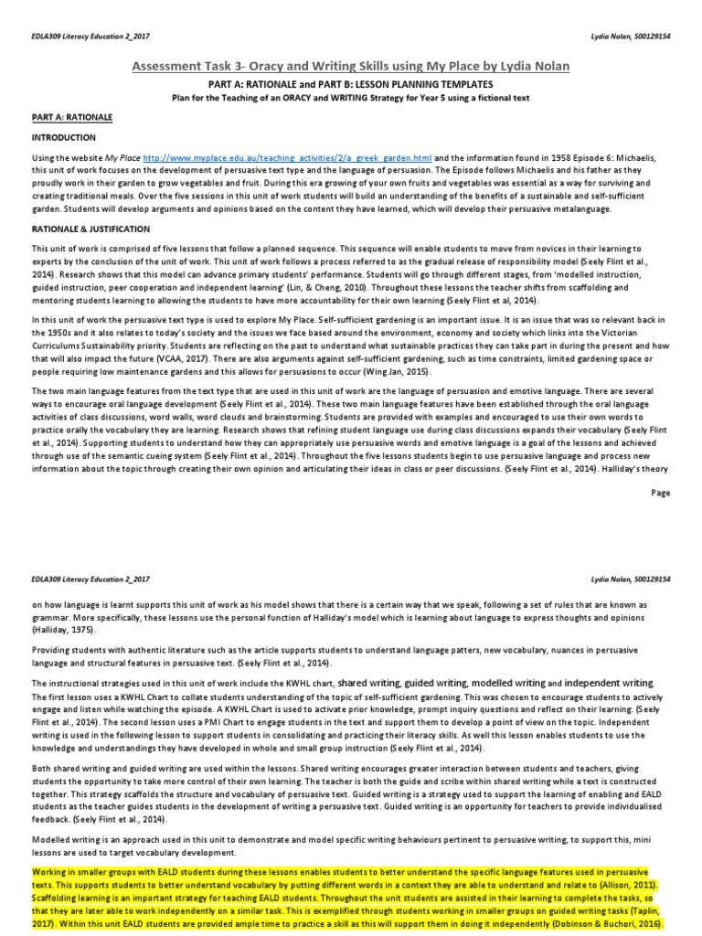 Assessment Task 3-Oracy and Writing Skills Using My Place by Lydia ...