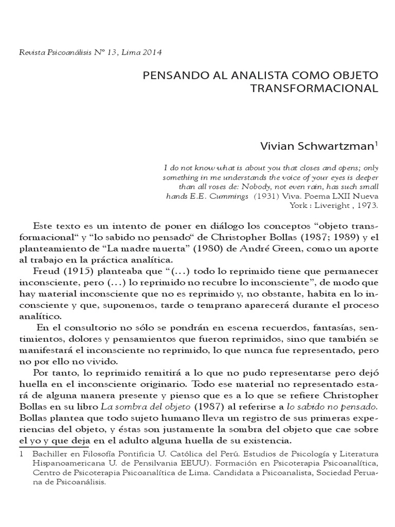 SCHWARTMAN - El Analista Como Objeto Transformacional | PDF | Psicoanálisis | Subjetividad
