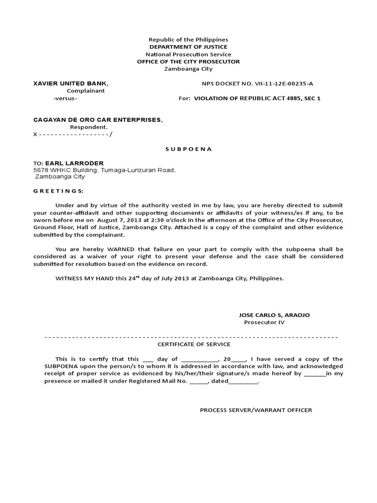 Sample Subpoena For Respondent | PDF