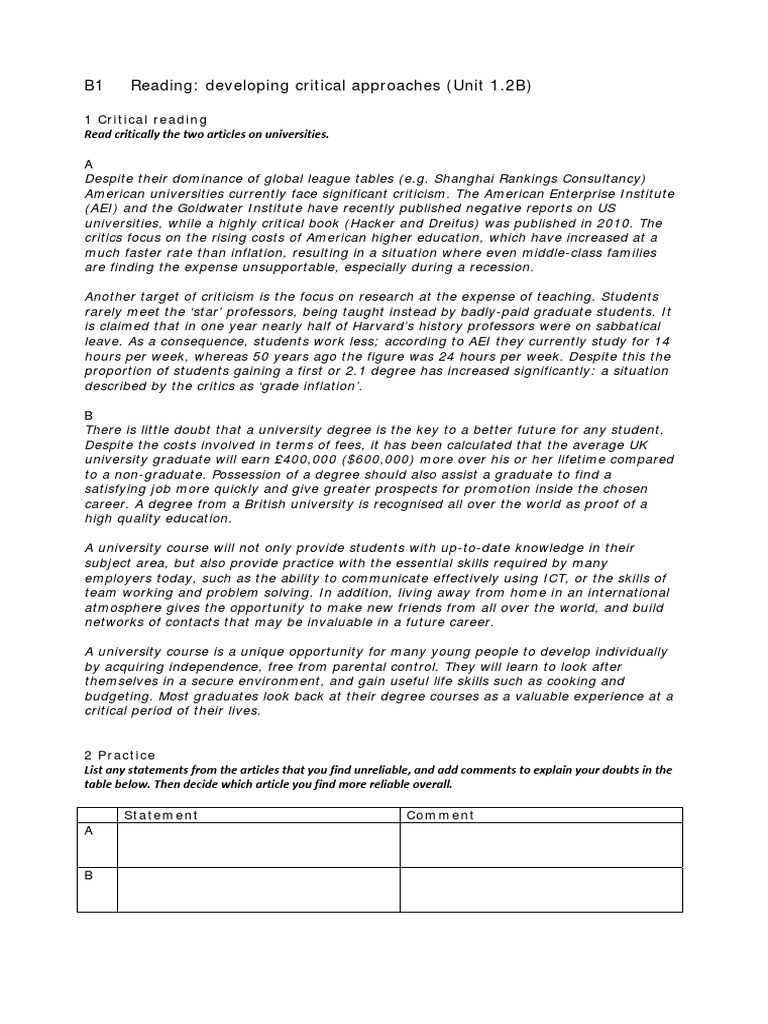 Advanced Writing - Reading Critical Approaches | PDF | Higher Education ...