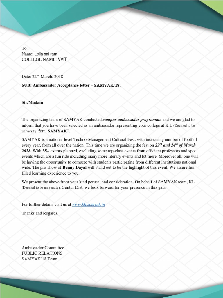 Ambassador Acceptance Letter for SAMYAK’18 | PDF | Social Science