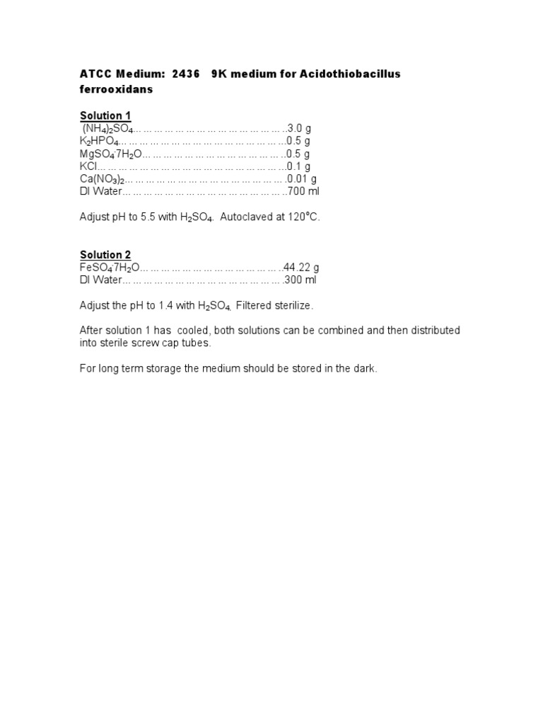ATCC Medium: 2436 9K Medium For Acidothiobacillus Ferrooxidans Solution 1 | PDF | Chemistry ...